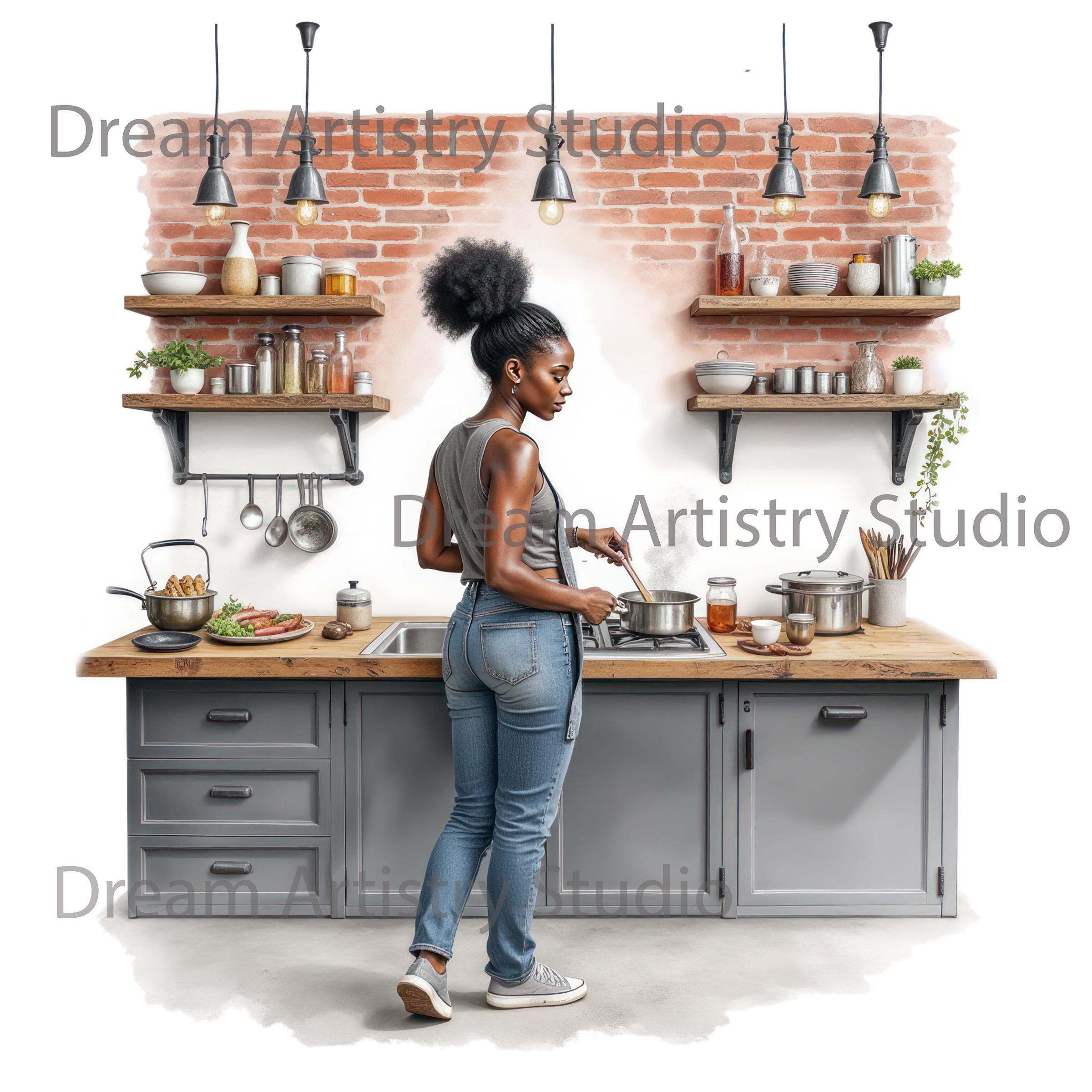 7 Watercolor Black Woman Cooking Clipart, Afro American Mom Cooking ...