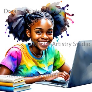 7 Watercolor Black Girl Student Clip Art, Work From Laptop Png ...