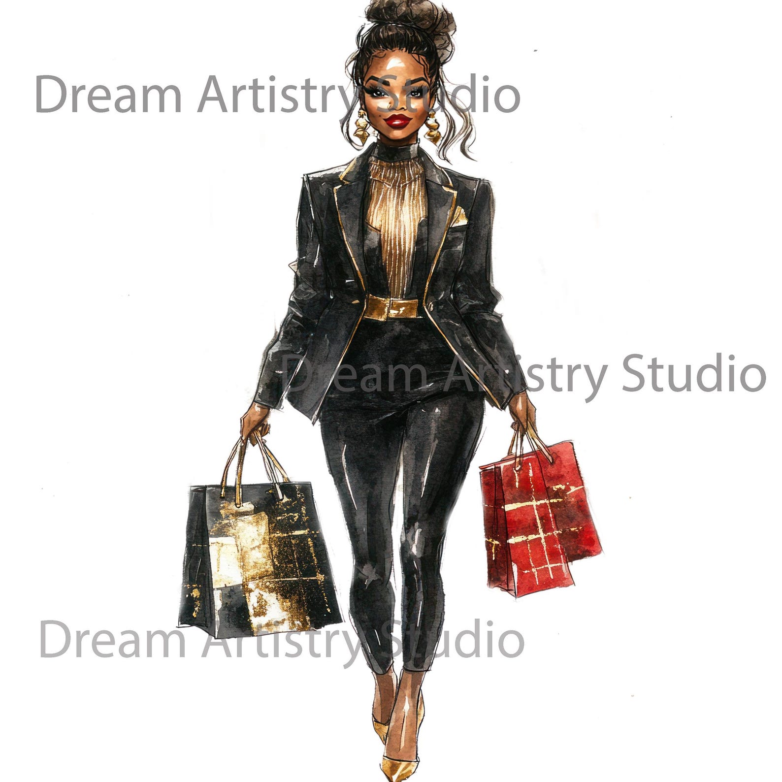 7 Watercolor Black Woman Shopper Clip Art, Afro American Woman Shopping ...