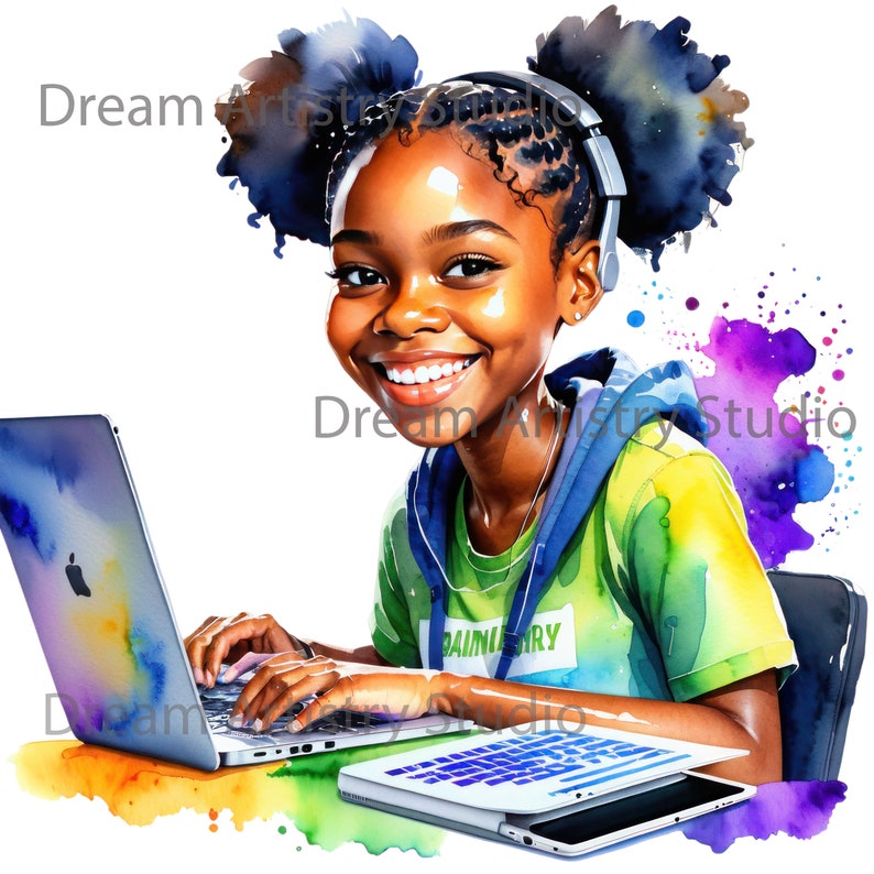 7 Watercolor Black Girl Student Clip Art, Work From Laptop Png ...