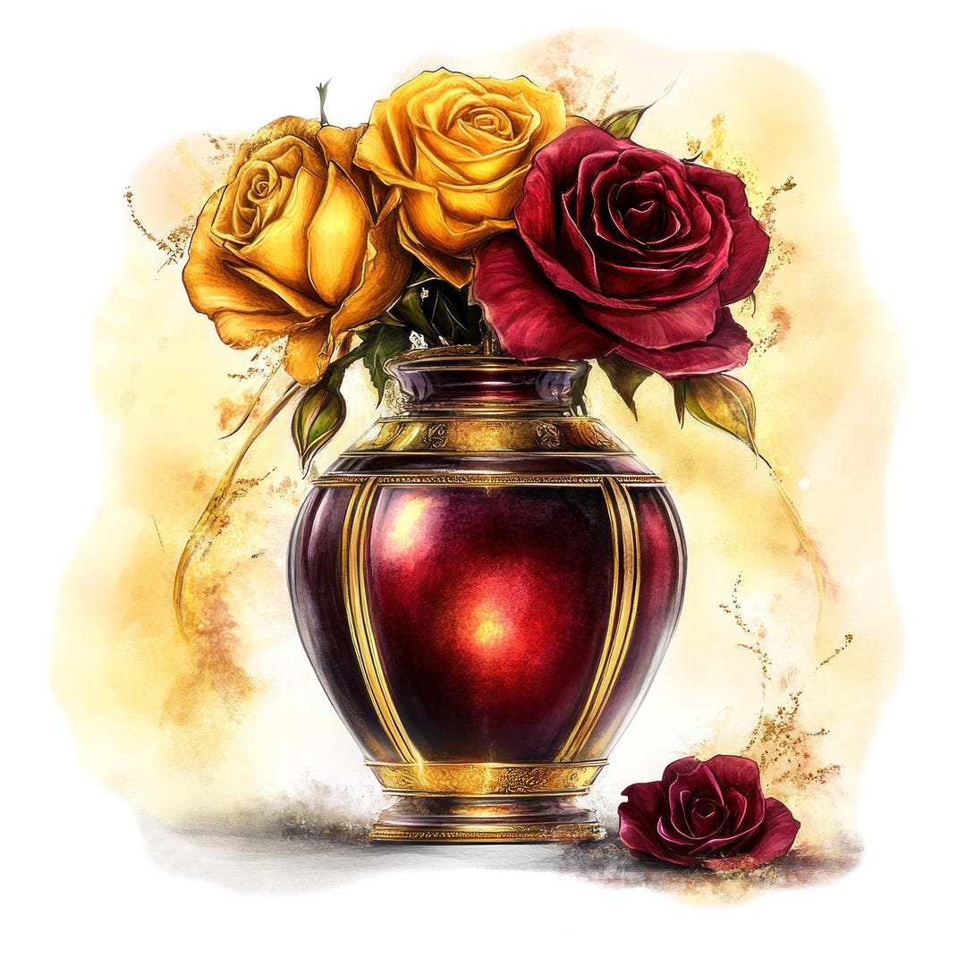 7 Dark Red Gold Roses in Vase Clip Art, Printable Roses Flowers Clip ...