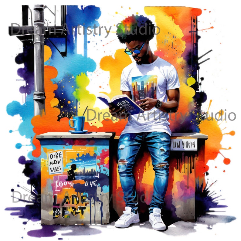 7 Watercolor Black Boy Bookworm Clip Art, Urban Reading Corner,reading ...