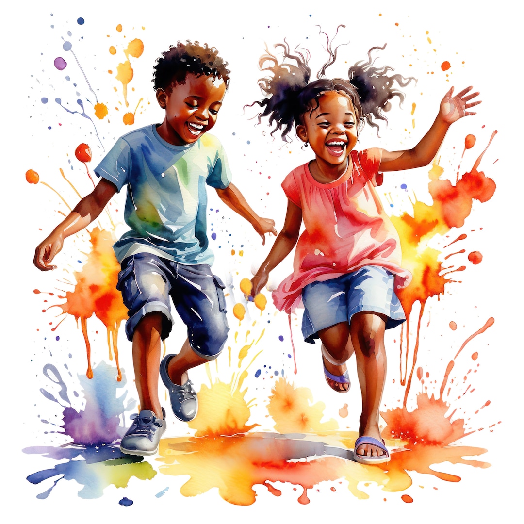 7 Watercolor Happy Black Kids Playing Clipart, Afro American Childrenr ...