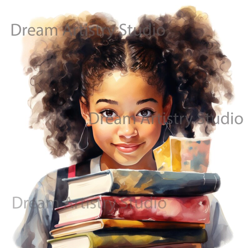 7 Watercolor Black Girl Back to School Clip Art, Book Lover Png ...