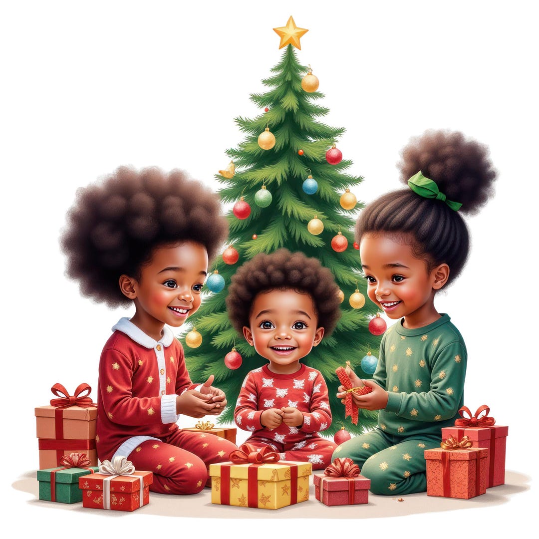 7 Watercolor Afro American Children Christmas Scene Clipart, Black Kids ...