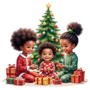 7 Watercolor Afro American Children Christmas Scene Clipart, Black Kids ...