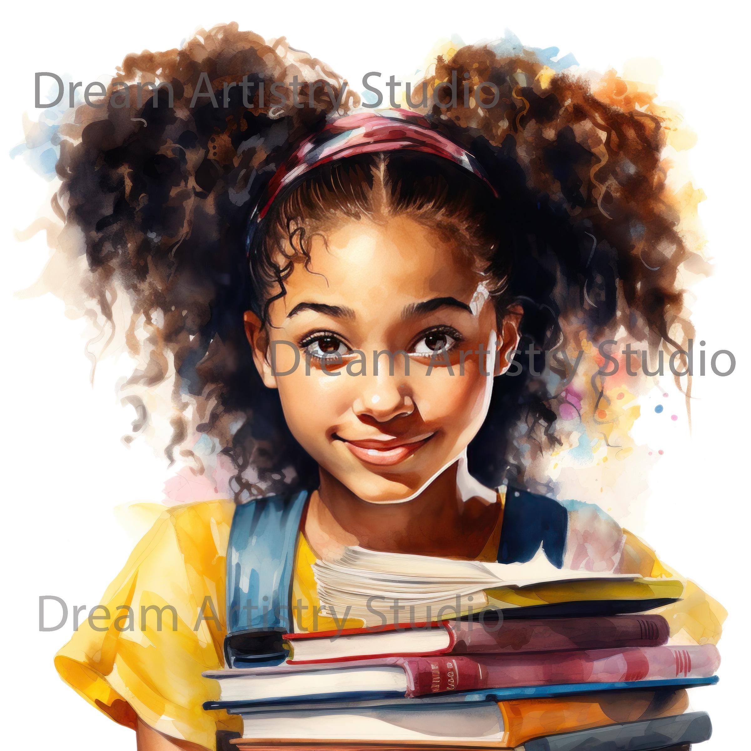 7 Watercolor Black Girl Back to School Clip Art, Book Lover Png ...