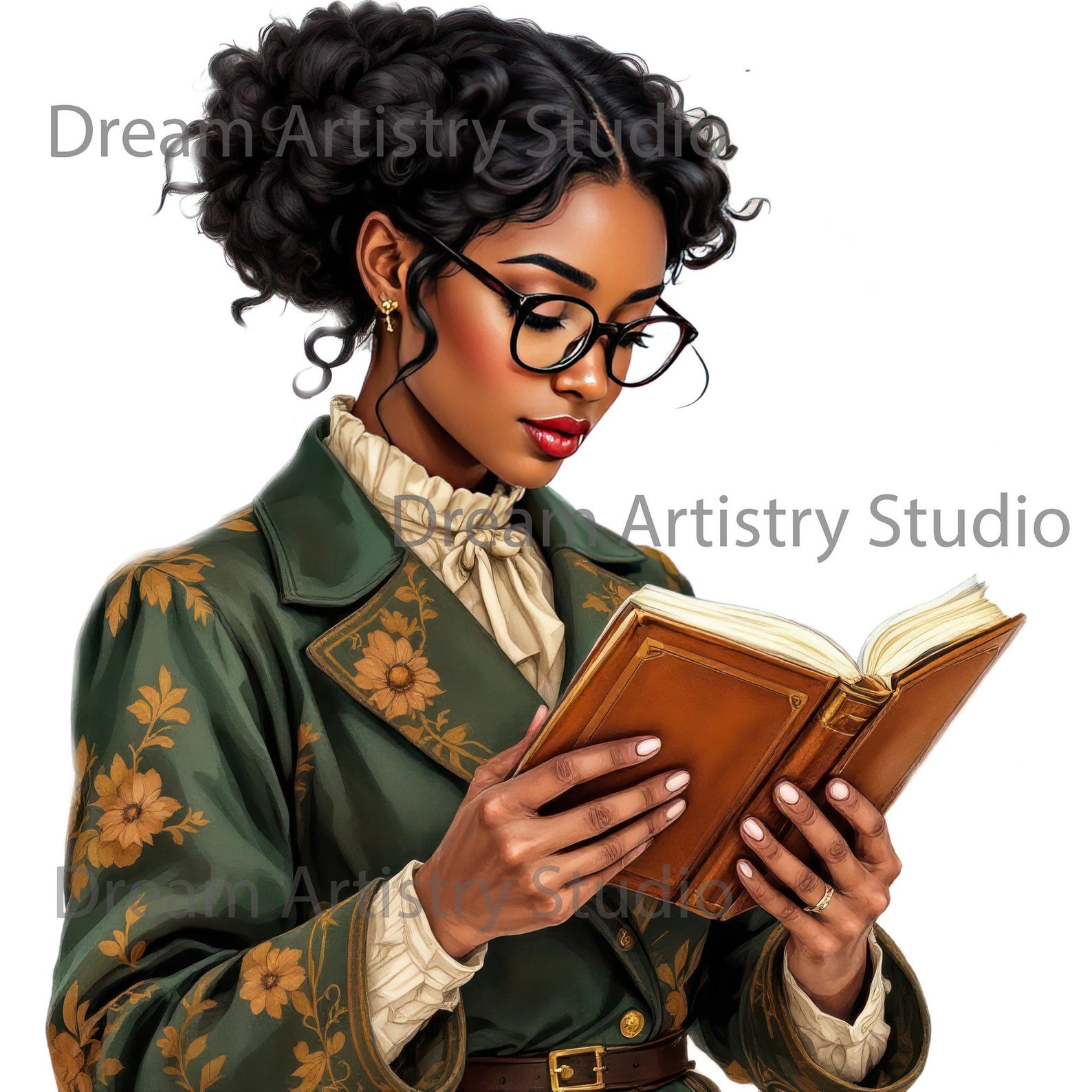 Watercolor Vintage Style Black Girl Reading Clip Art, Book Png, Reading ...