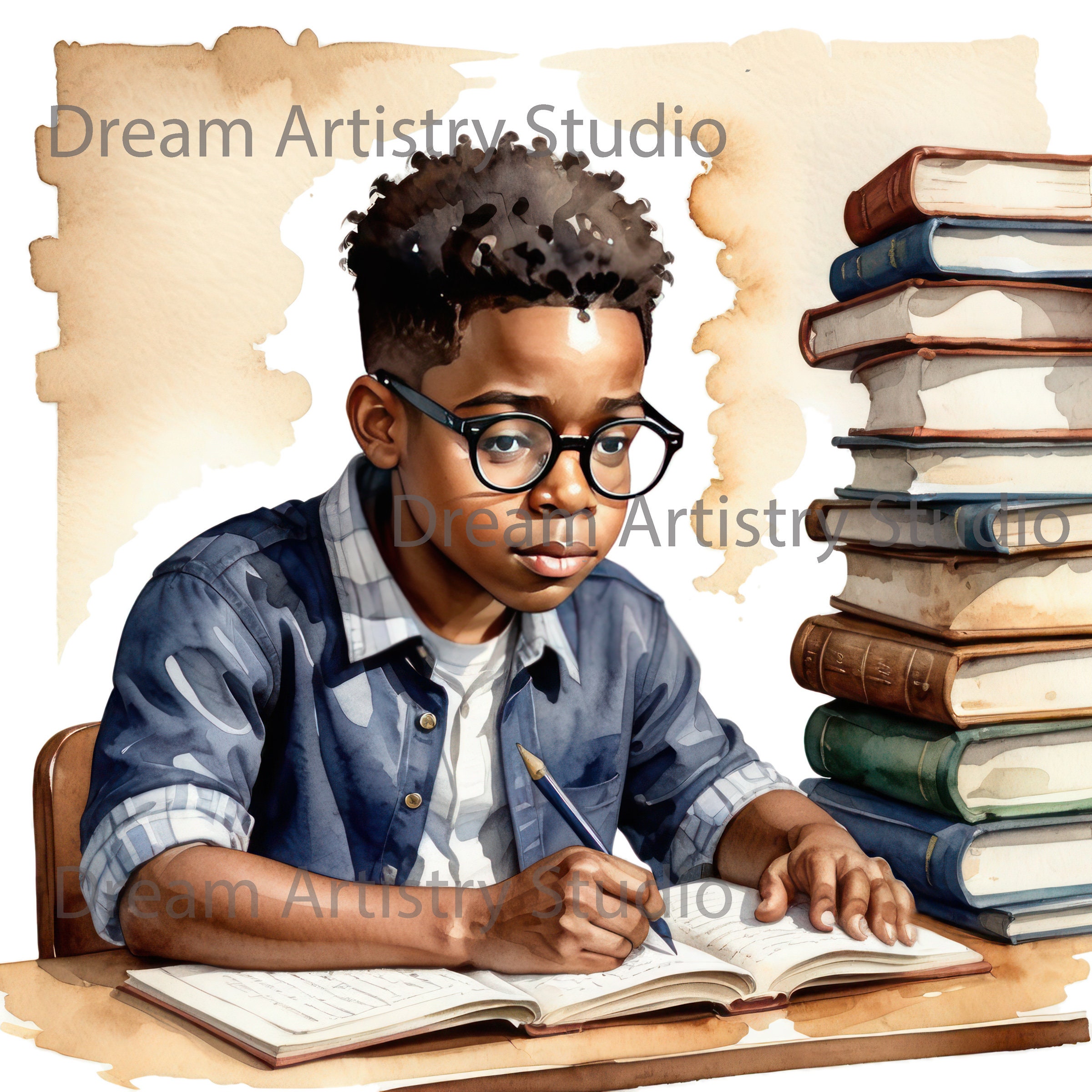 7 Watercolor Black Boy Student Clip Art, Book Lover Png, Reading Clip ...