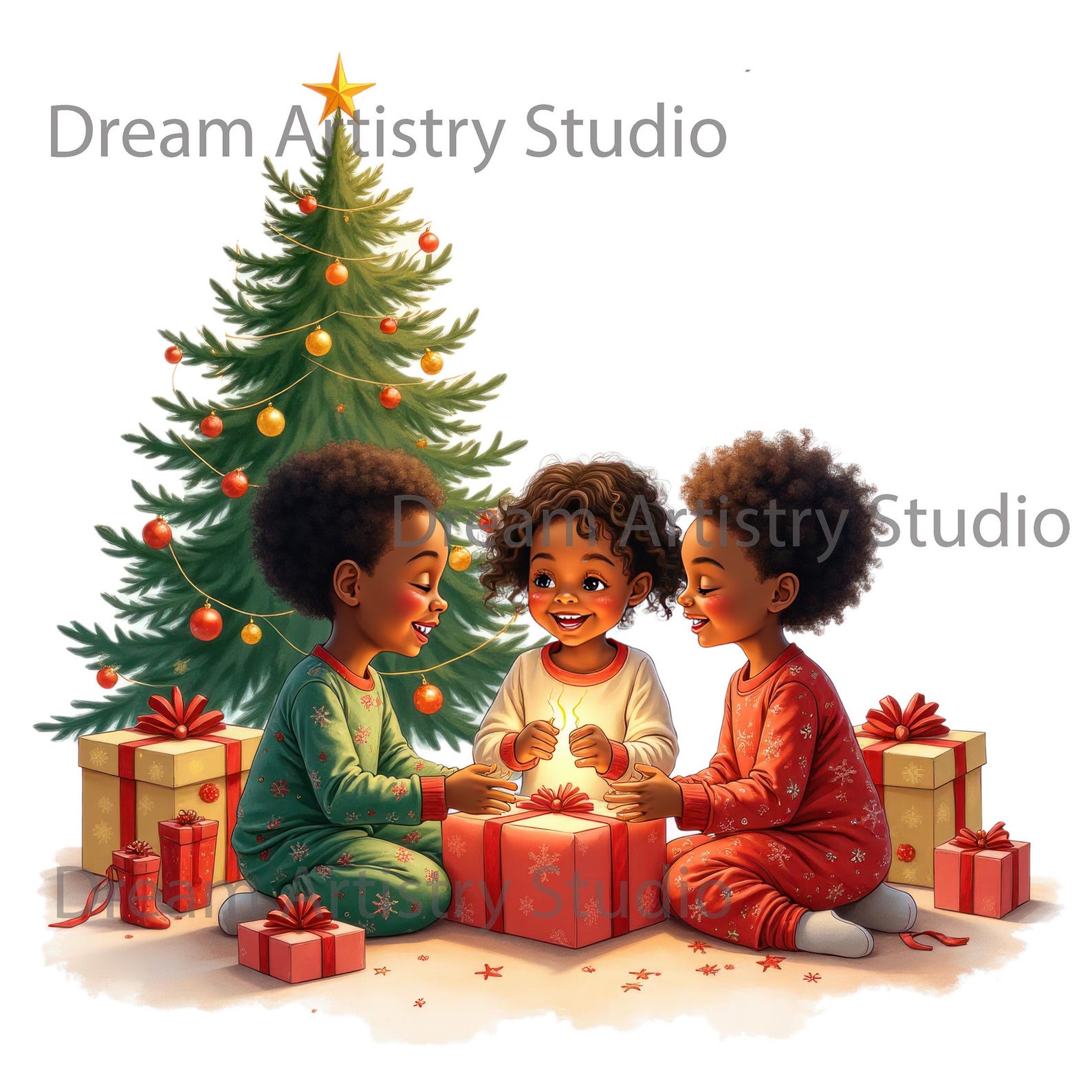 7 Watercolor Afro American Children Christmas Scene Clipart, Black Kids ...