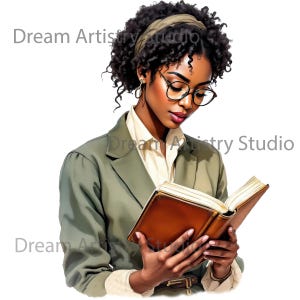 Watercolor Vintage Style Black Girl Reading Clip Art, Book Png, Reading ...