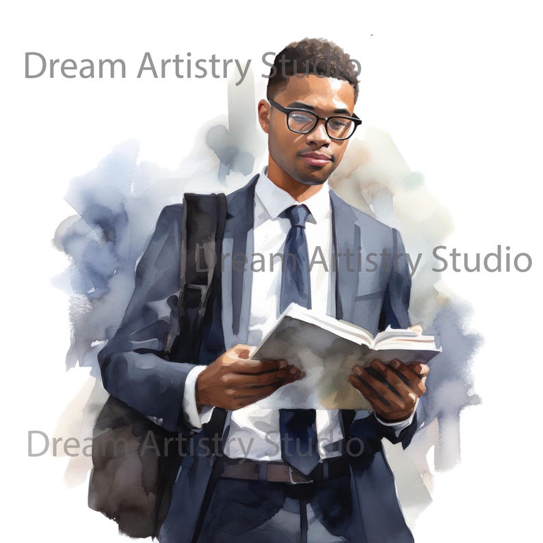 7 Watercolor Black Boy Student Clip Art, Book Lover Png, Reading Clip ...