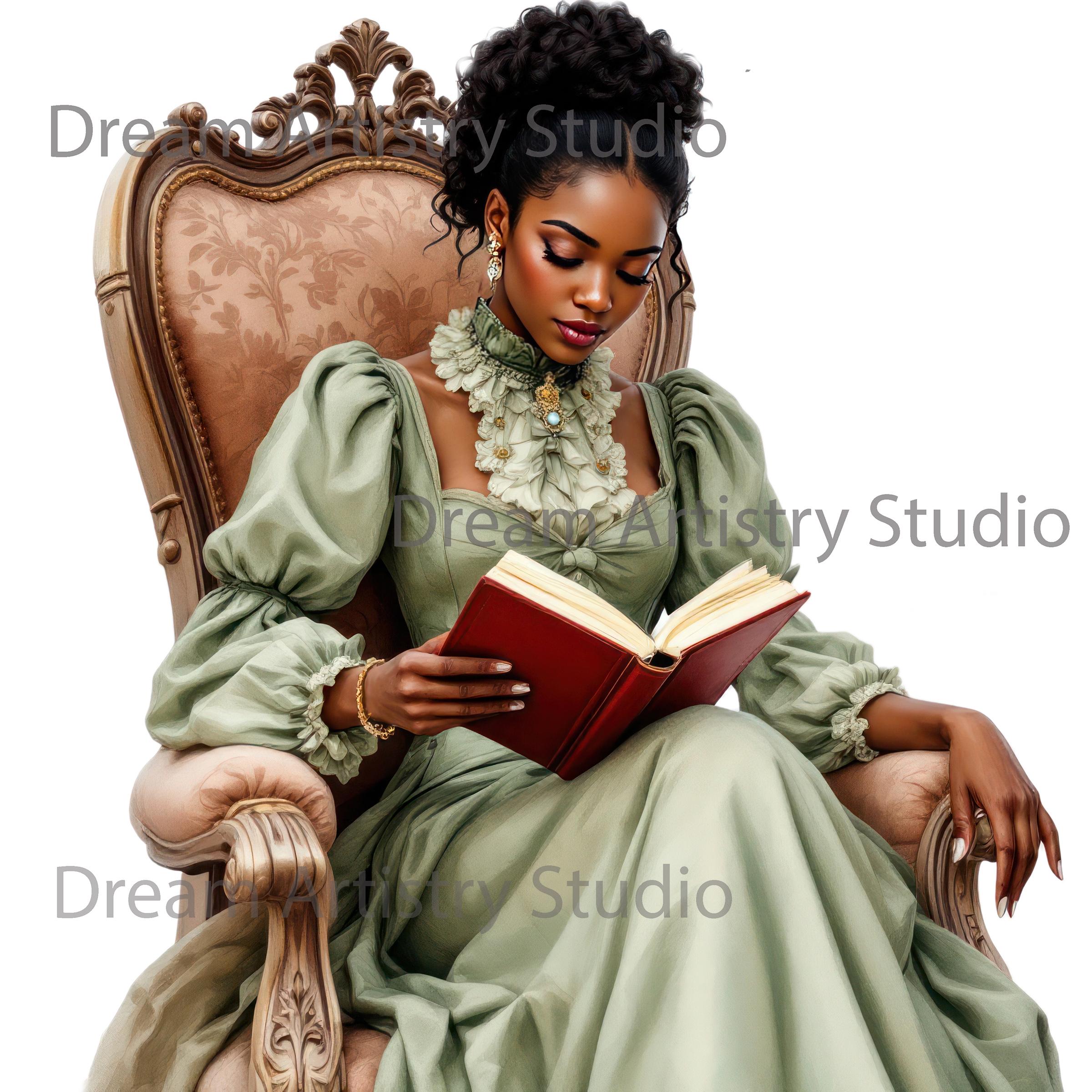 Watercolor Vintage Style Black Girl Reading Clip Art, Book Png, Reading ...