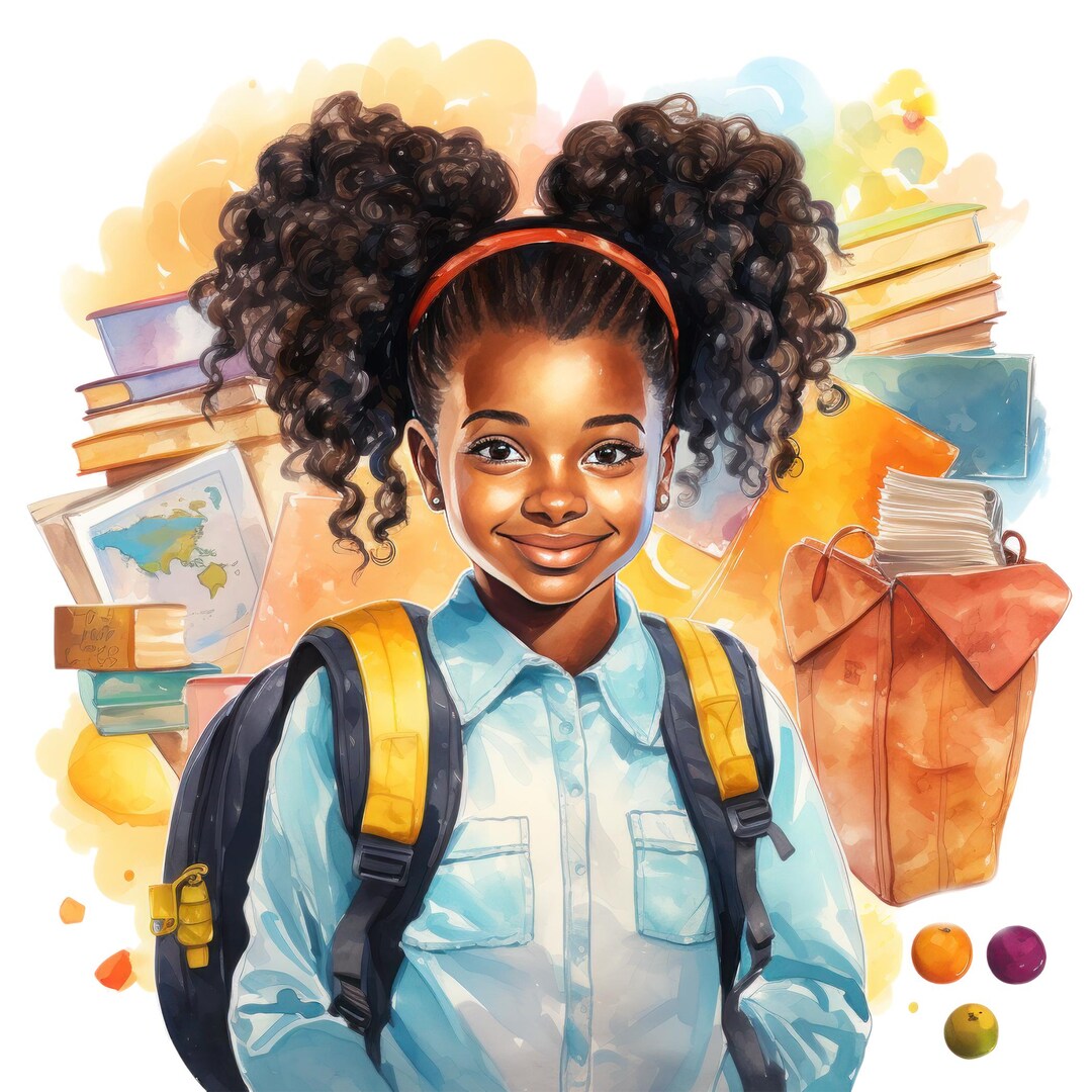 7 Watercolor Black Girl Back to School Clip Art, Book Lover Png ...