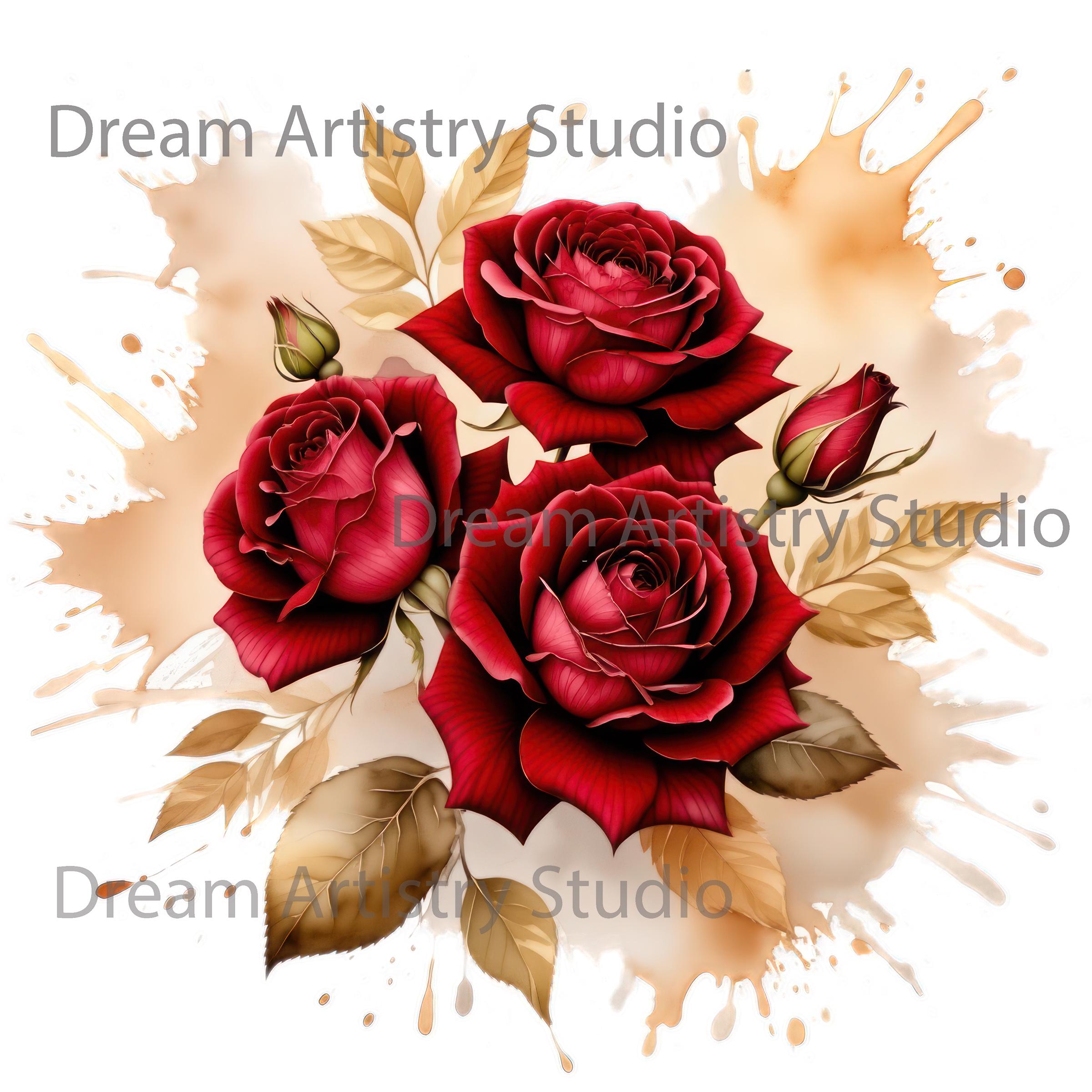 7 Red Gold Roses Flowers Png, Roses Watercolor Clipart, Commercial Use ...