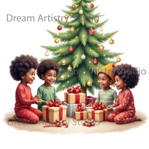 7 Watercolor Afro American Children Christmas Scene Clipart, Black Kids ...