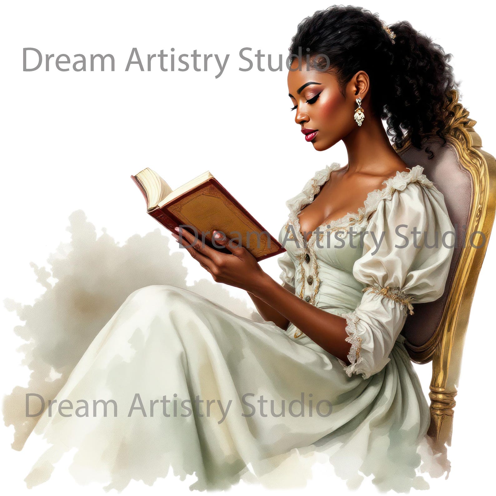 Watercolor Vintage Style Black Girl Reading Clip Art, Book Png, Reading ...