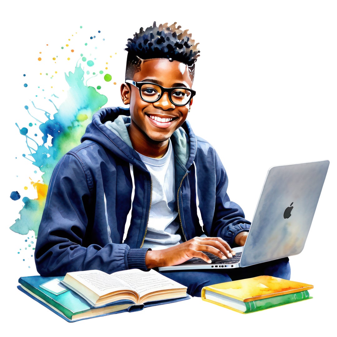 7 Watercolor Black Boy Student Clip Art, Book Lover Png, Reading Clip ...