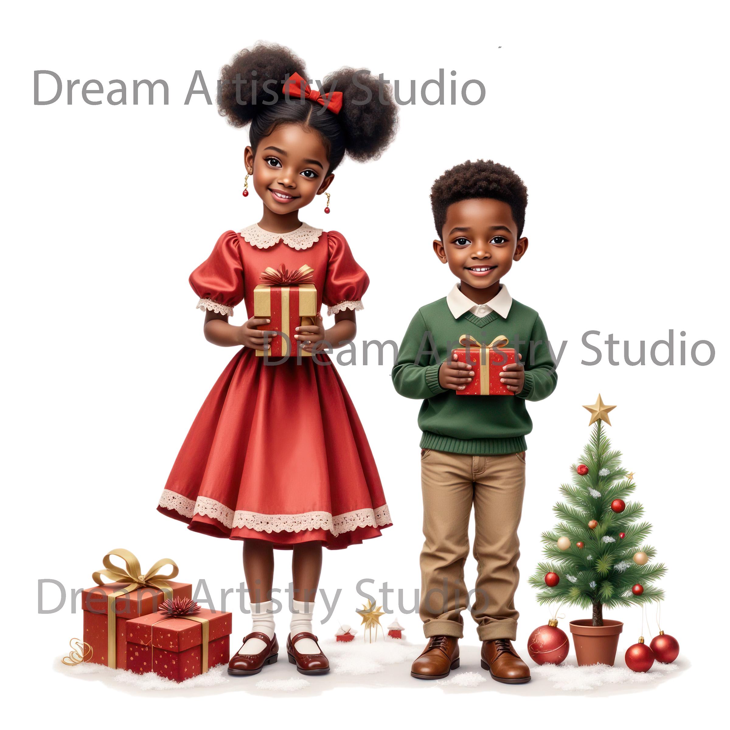 7 Watercolor Afro American Kids Christmas Scene Clipart, Black Children ...