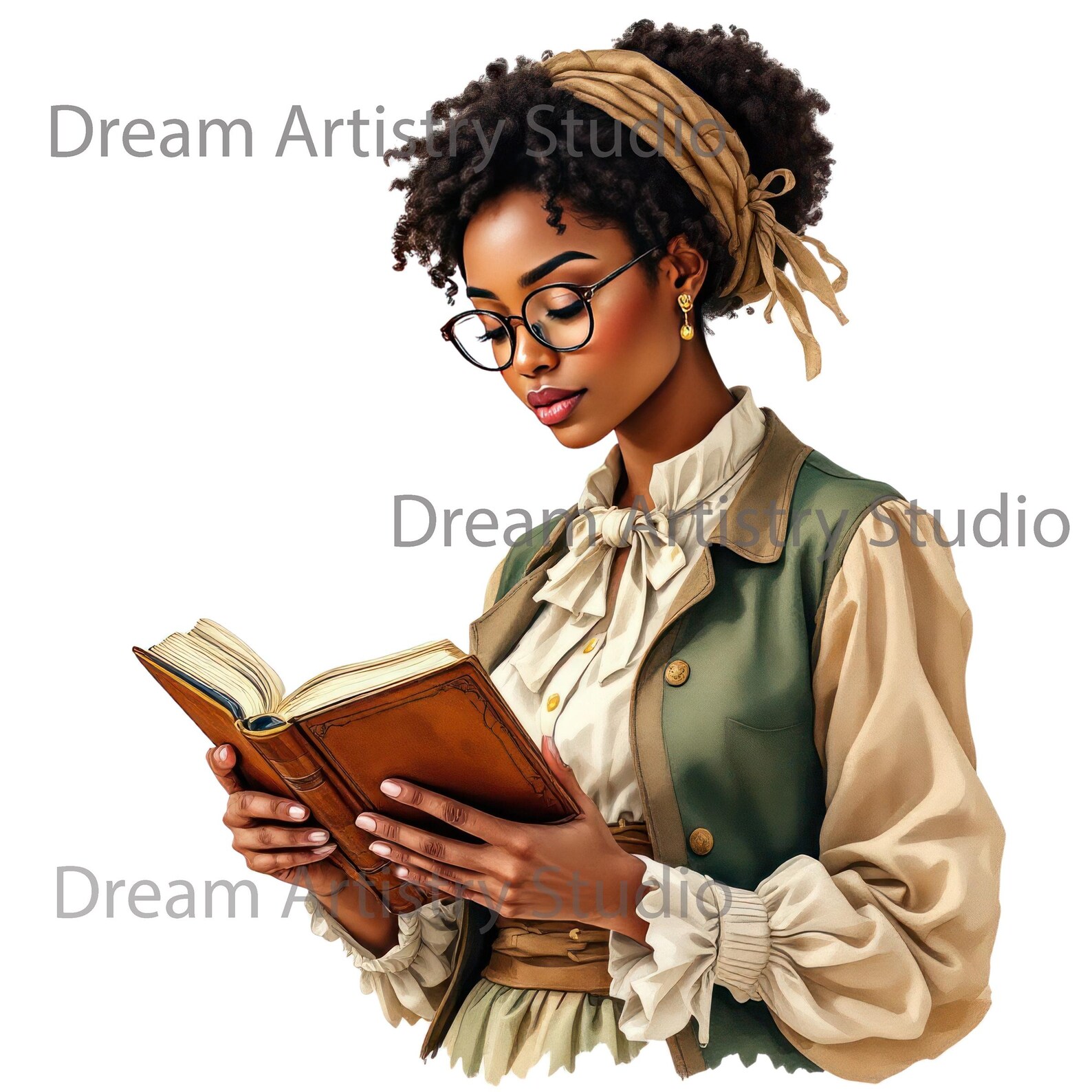Watercolor Vintage Style Black Girl Reading Clip Art, Book Png, Reading ...