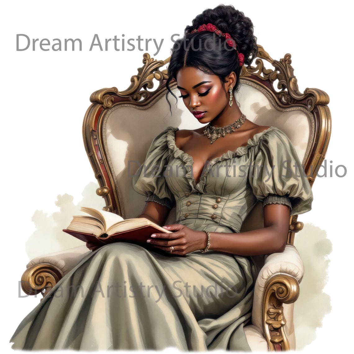 Watercolor Vintage Style Black Girl Reading Clip Art, Book Png, Reading ...