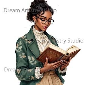 Watercolor Vintage Style Black Girl Reading Clip Art, Book Png, Reading ...