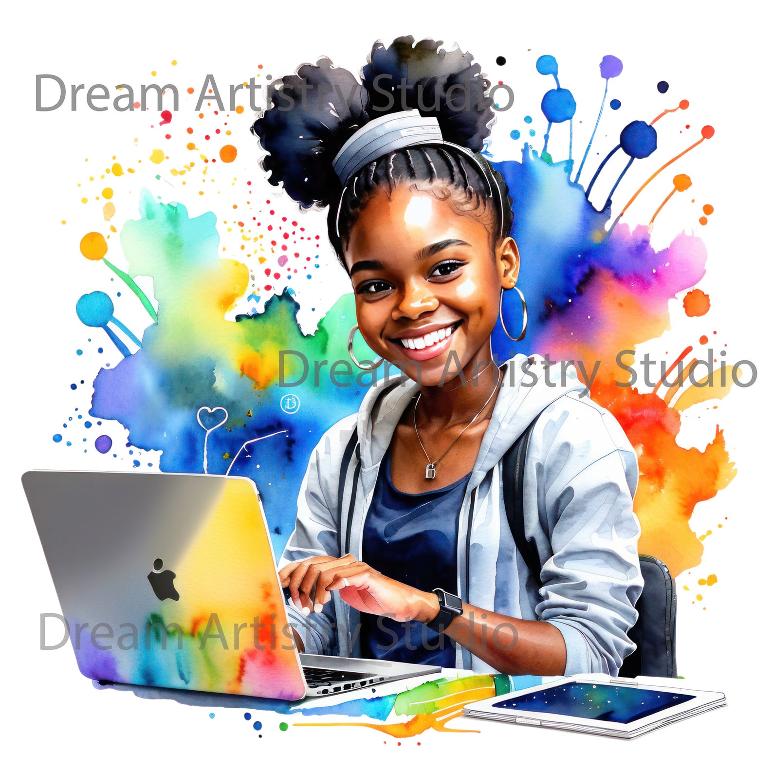 7 Watercolor Black Girl Student Clip Art, Work From Laptop Png ...