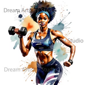 7 Watercolor Black Woman Workout Clipart, Afro American Woman Doing ...