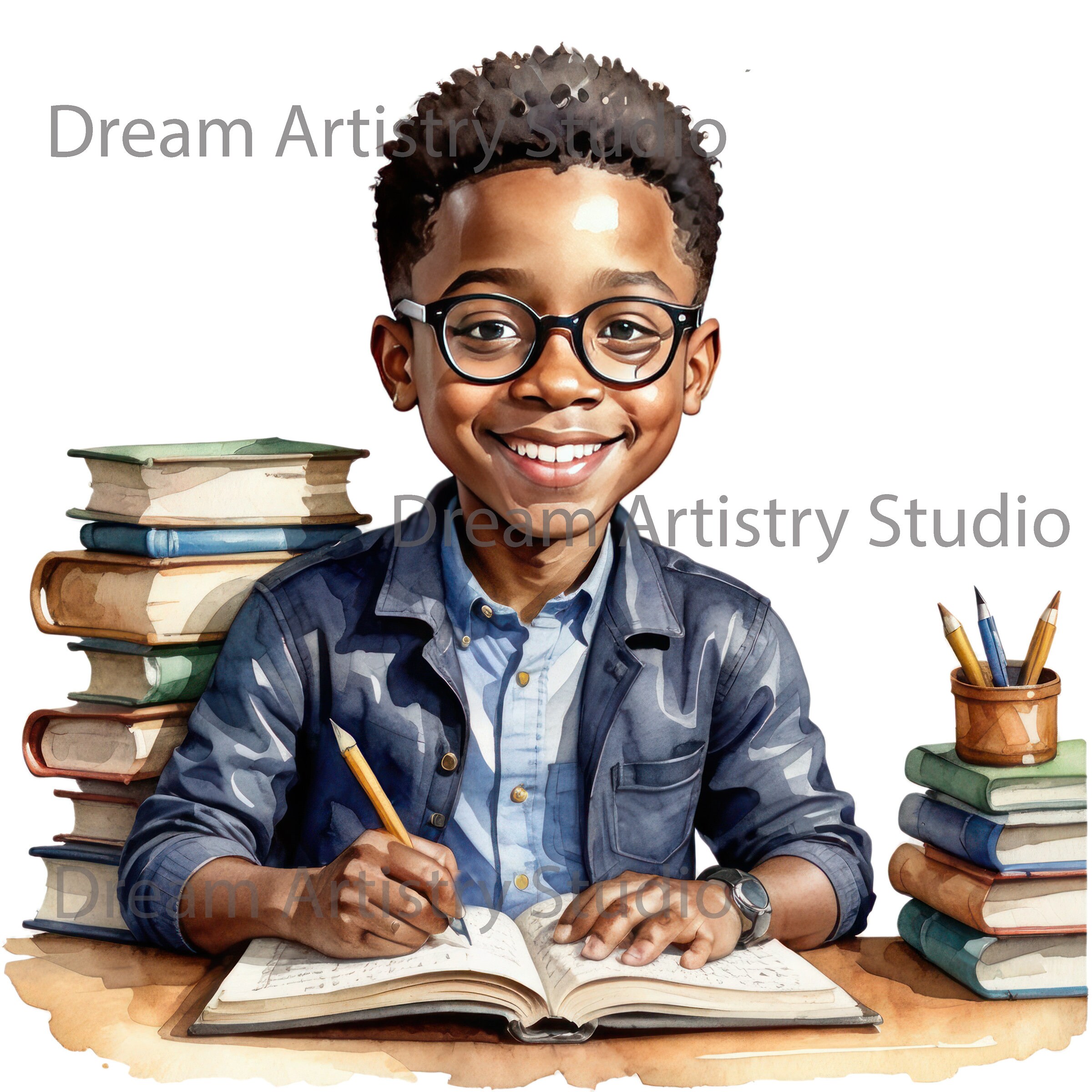 7 Watercolor Black Boy Student Clip Art, Book Lover Png, Reading Clip ...