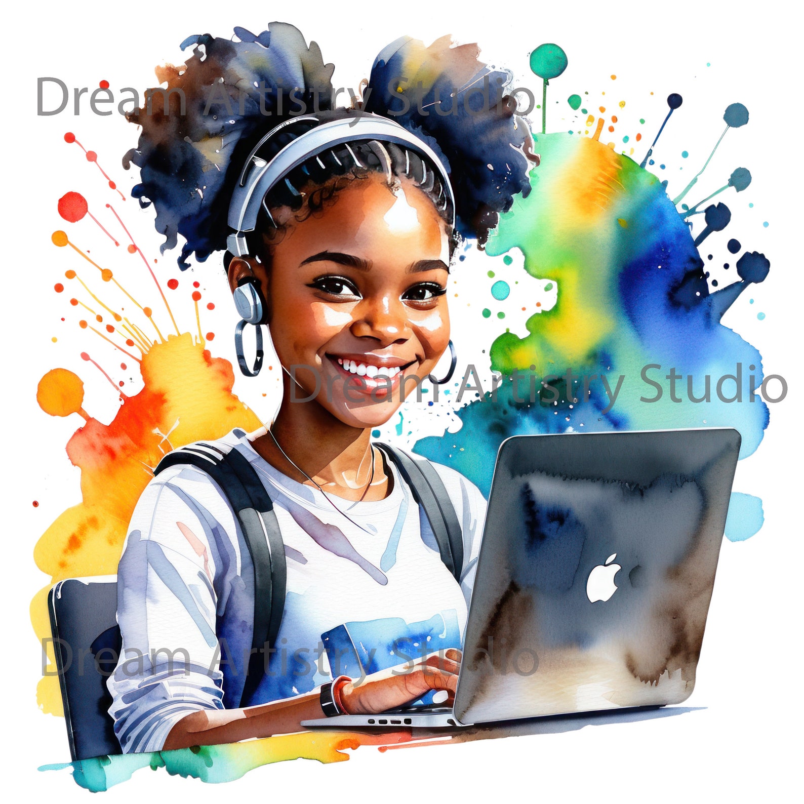 7 Watercolor Black Girl Student Clip Art, Work From Laptop Png ...
