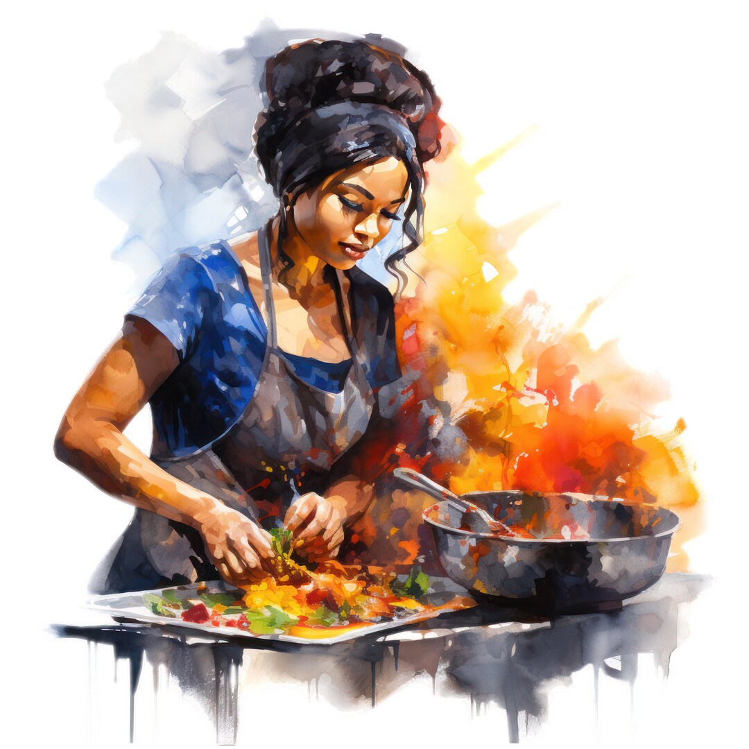 7 Watercolor Black Woman Cooking Clipart, Afro American Woman Cook ...