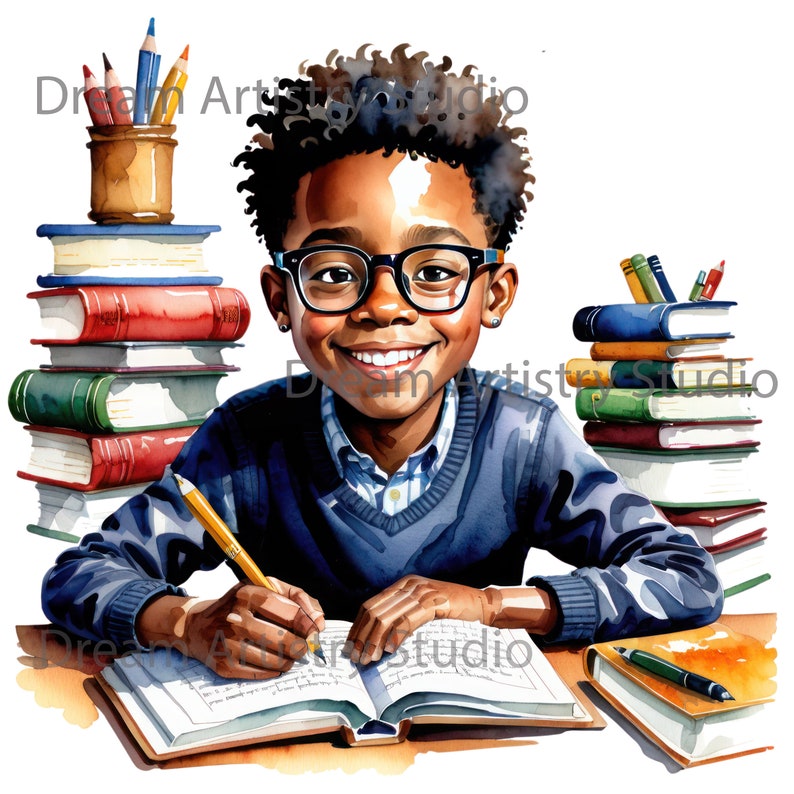 7 Watercolor Black Boy Student Clip Art, Book Lover Png, Reading Clip ...