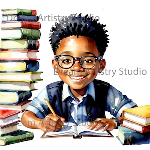 7 Watercolor Black Boy Student Clip Art, Book Lover Png, Reading Clip ...