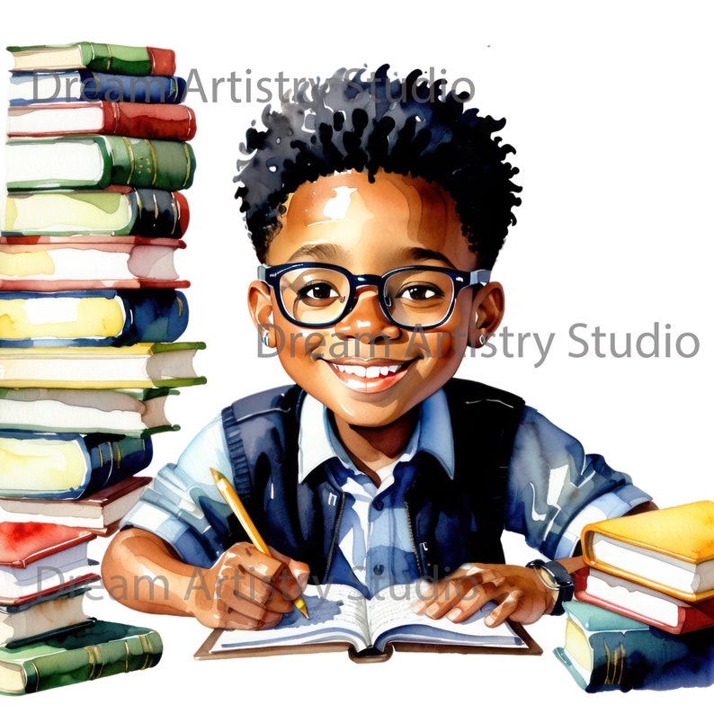 7 Watercolor Black Boy Student Clip Art, Book Lover Png, Reading Clip ...