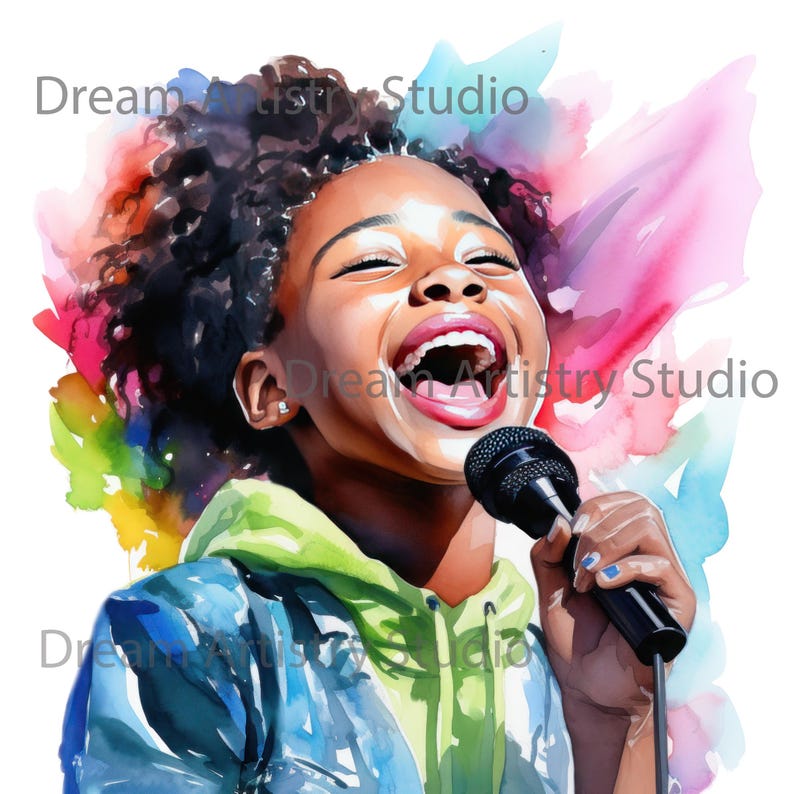 7 Watercolor Afro American Girl Singer Clipart, Female Musician Png ...