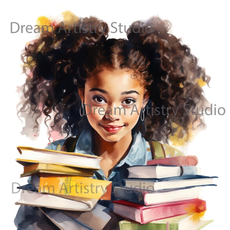 7 Watercolor Black Girl Back to School Clip Art, Book Lover Png ...