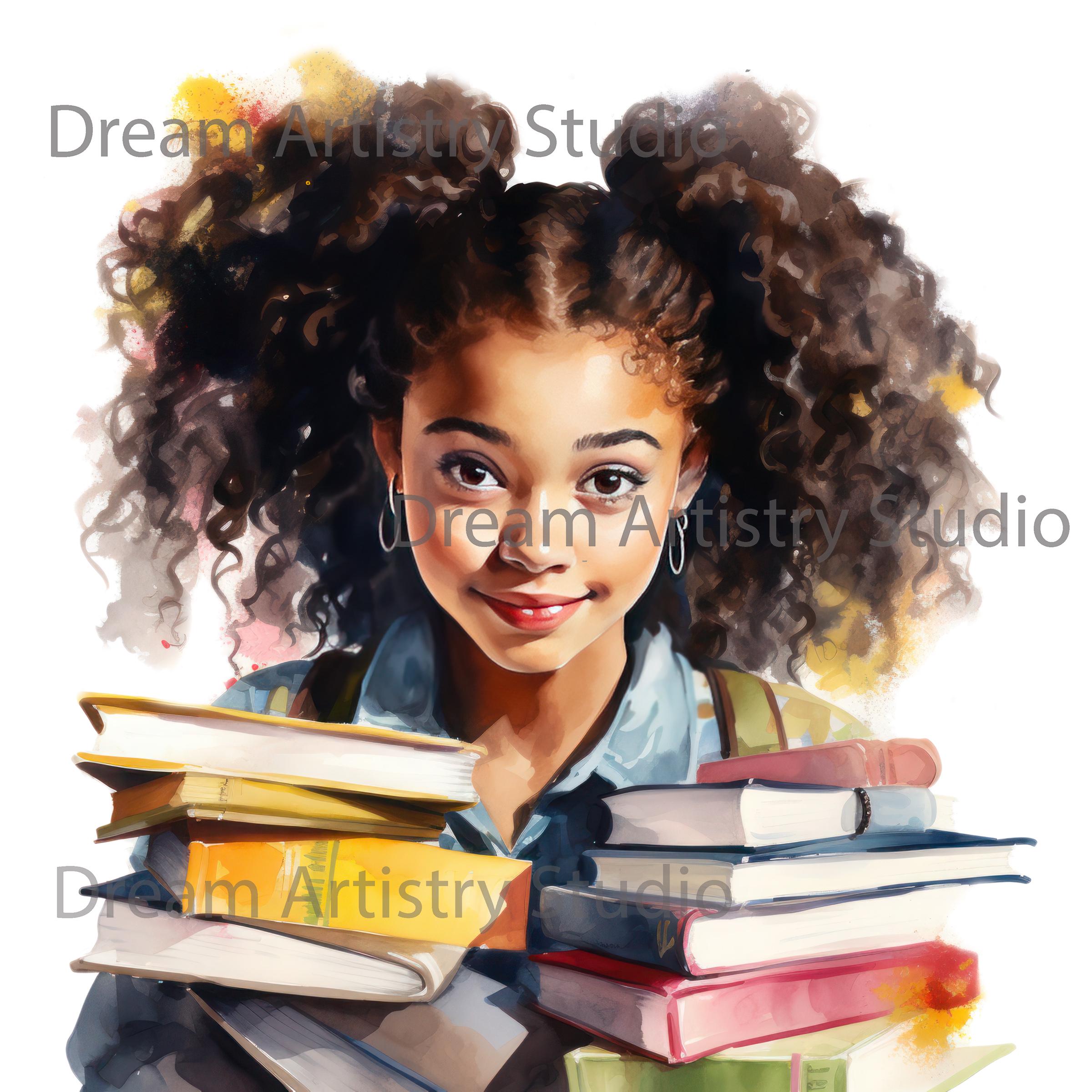 7 Watercolor Black Girl Back to School Clip Art, Book Lover Png ...
