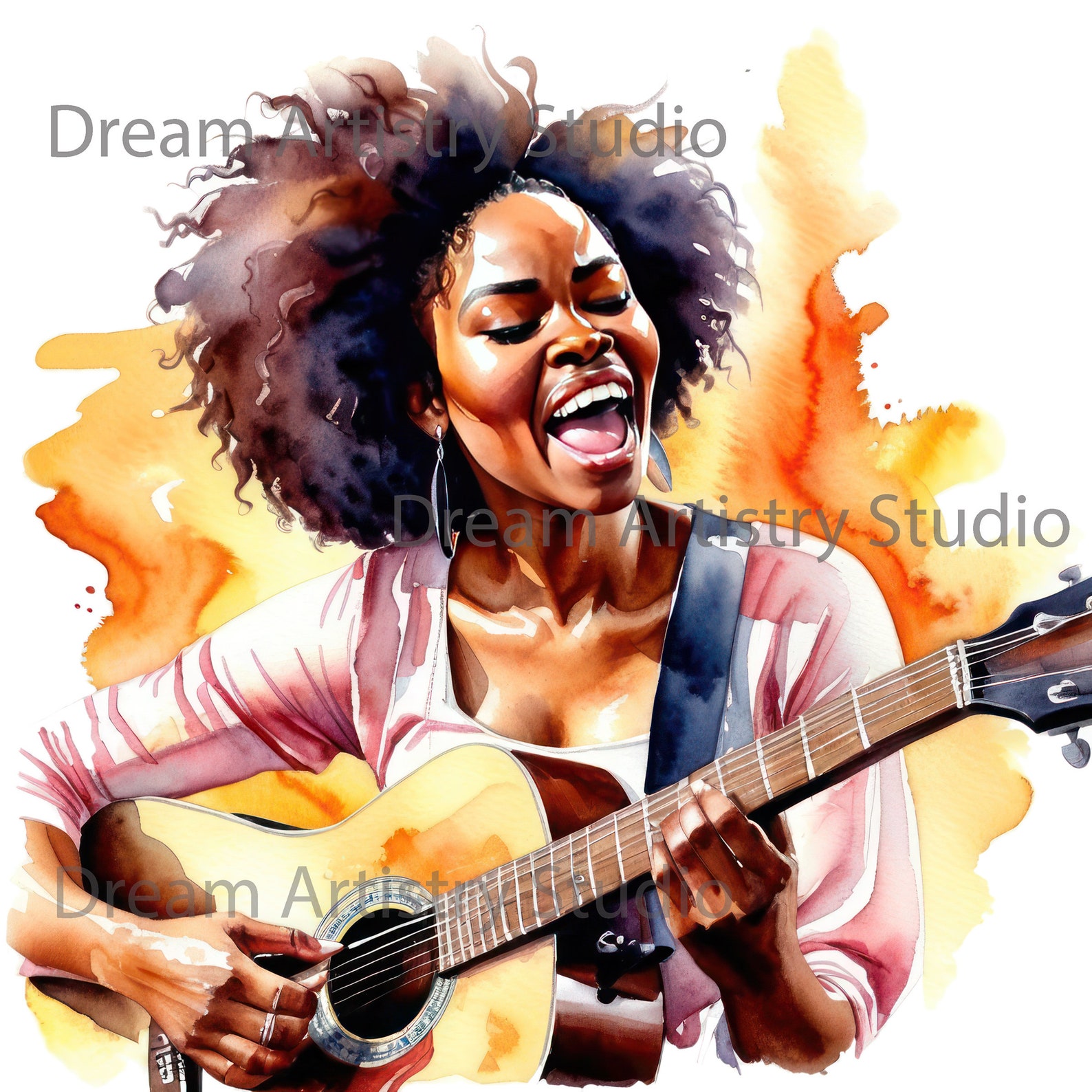 7 Watercolor Afro American Woman Singing and Playing Guitar Clipart ...