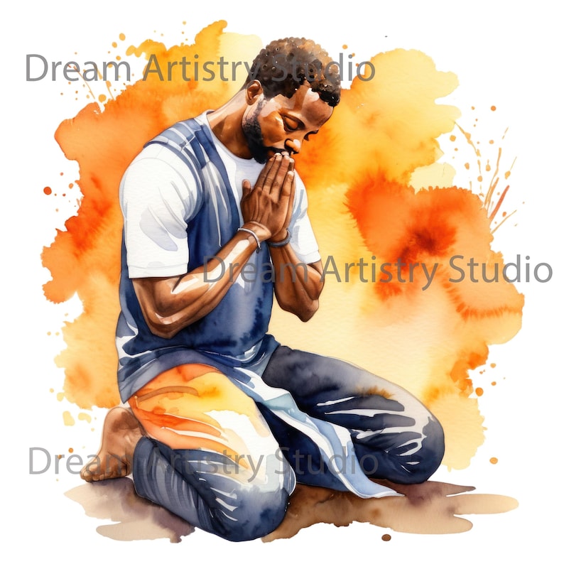 7 Watercolor Black Man Praying Clip Art, African American Prayer Png ...
