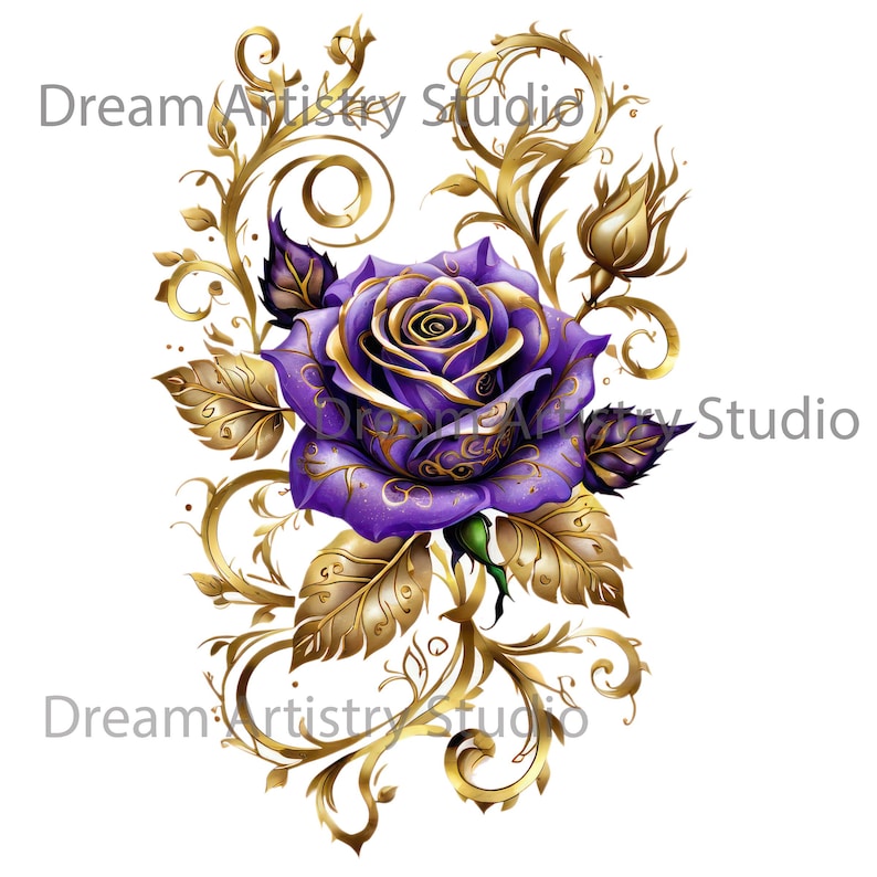 7 Gold Purple Roses Flowers Png, Printable Flowers Clipart, Printable ...