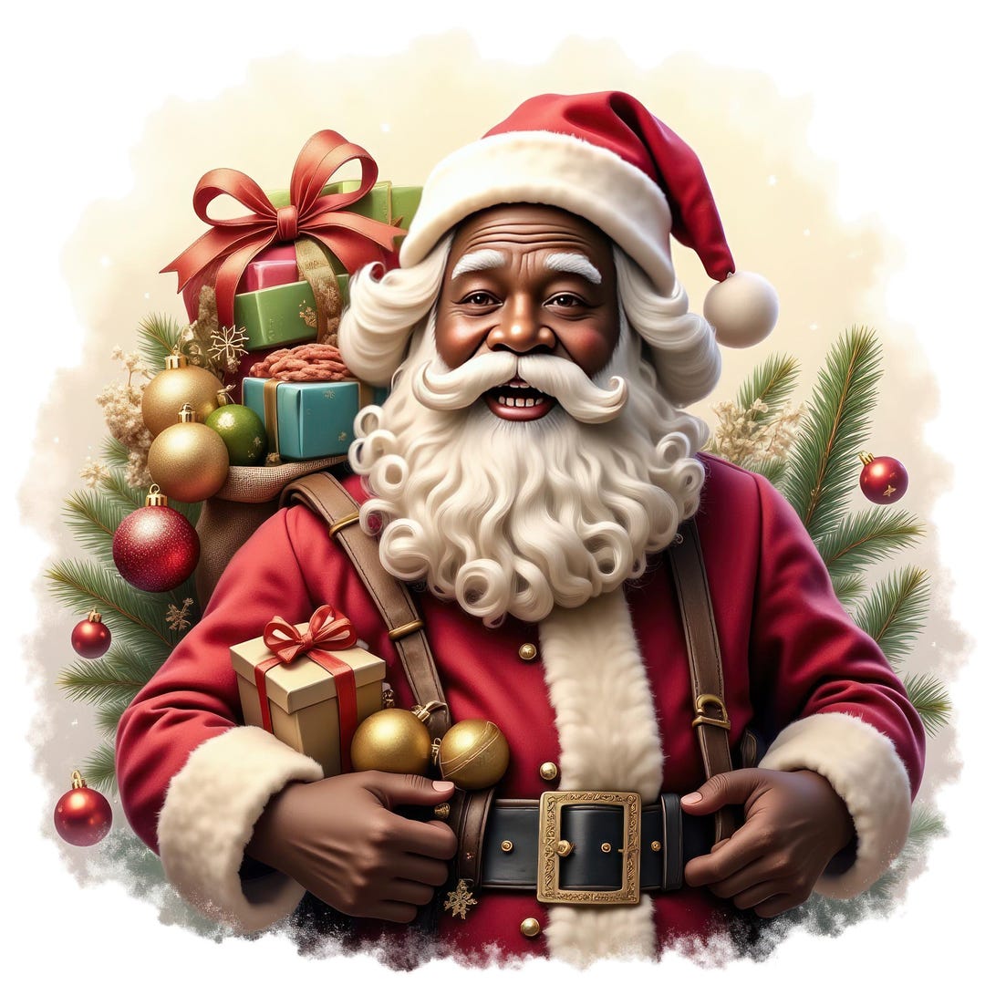 7 Watercolor Afro American Santa Claus Clipart, Vintage Black Santa Png ...