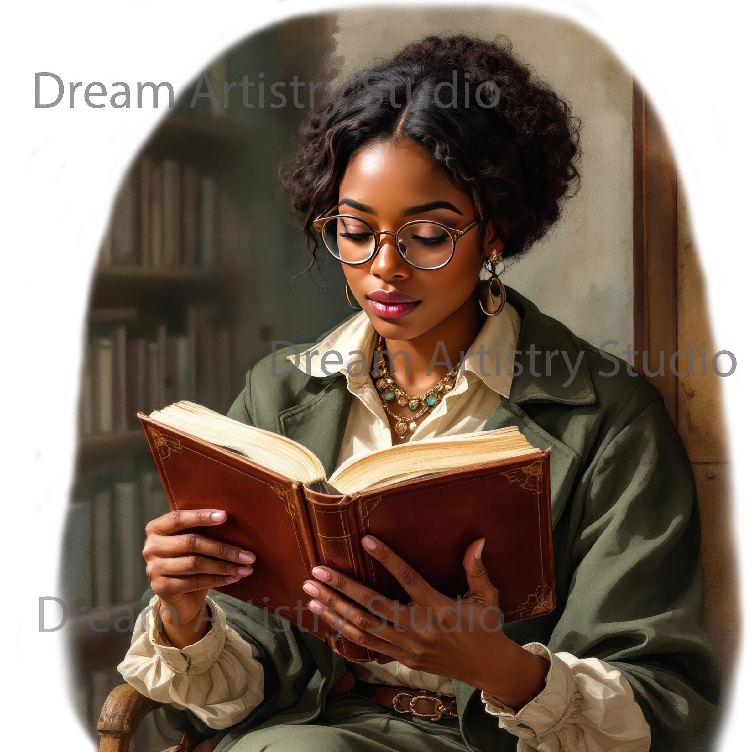 Watercolor Vintage Style Black Girl Reading Clip Art, Book Png, Reading ...