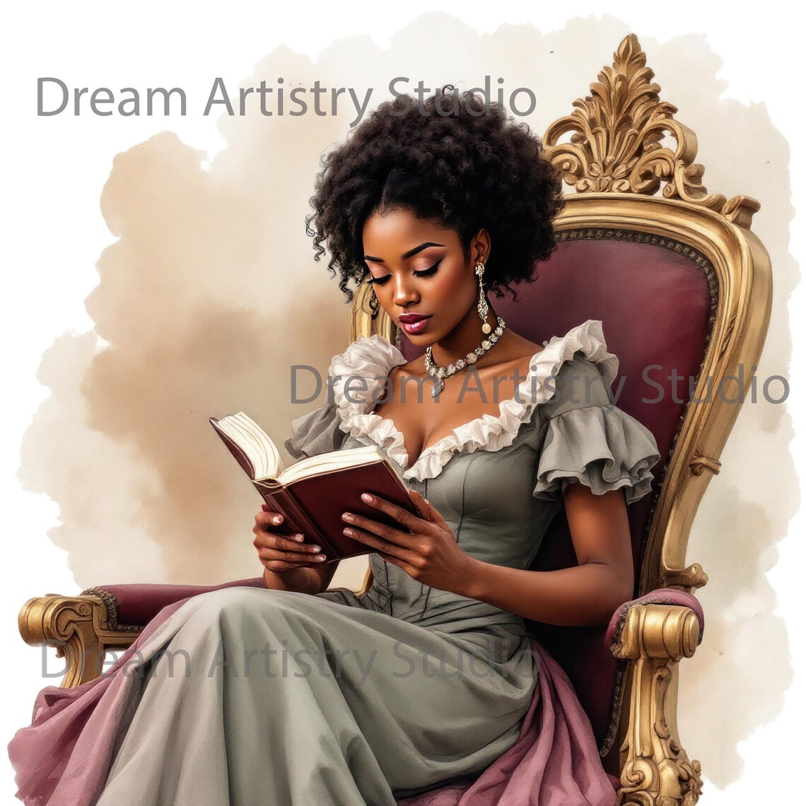 Watercolor Vintage Style Black Girl Reading Clip Art, Book Png, Reading ...