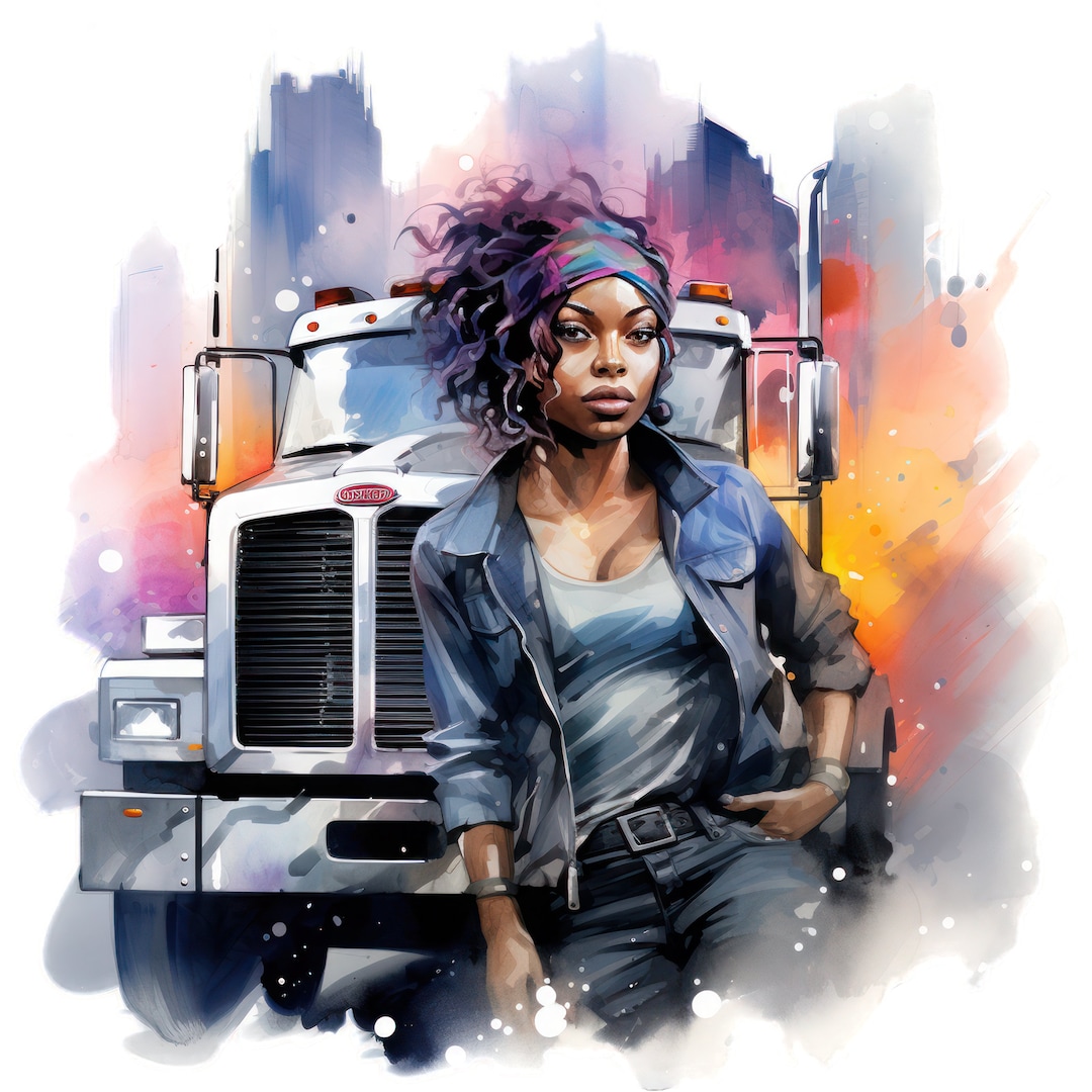 7 Watercolor Afro American Female Trucker Clip Art, Black Woman Truck ...