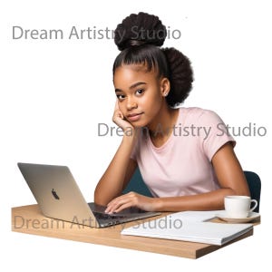 7 Watercolor Black Girl Student Clip Art, Work From Laptop Png ...