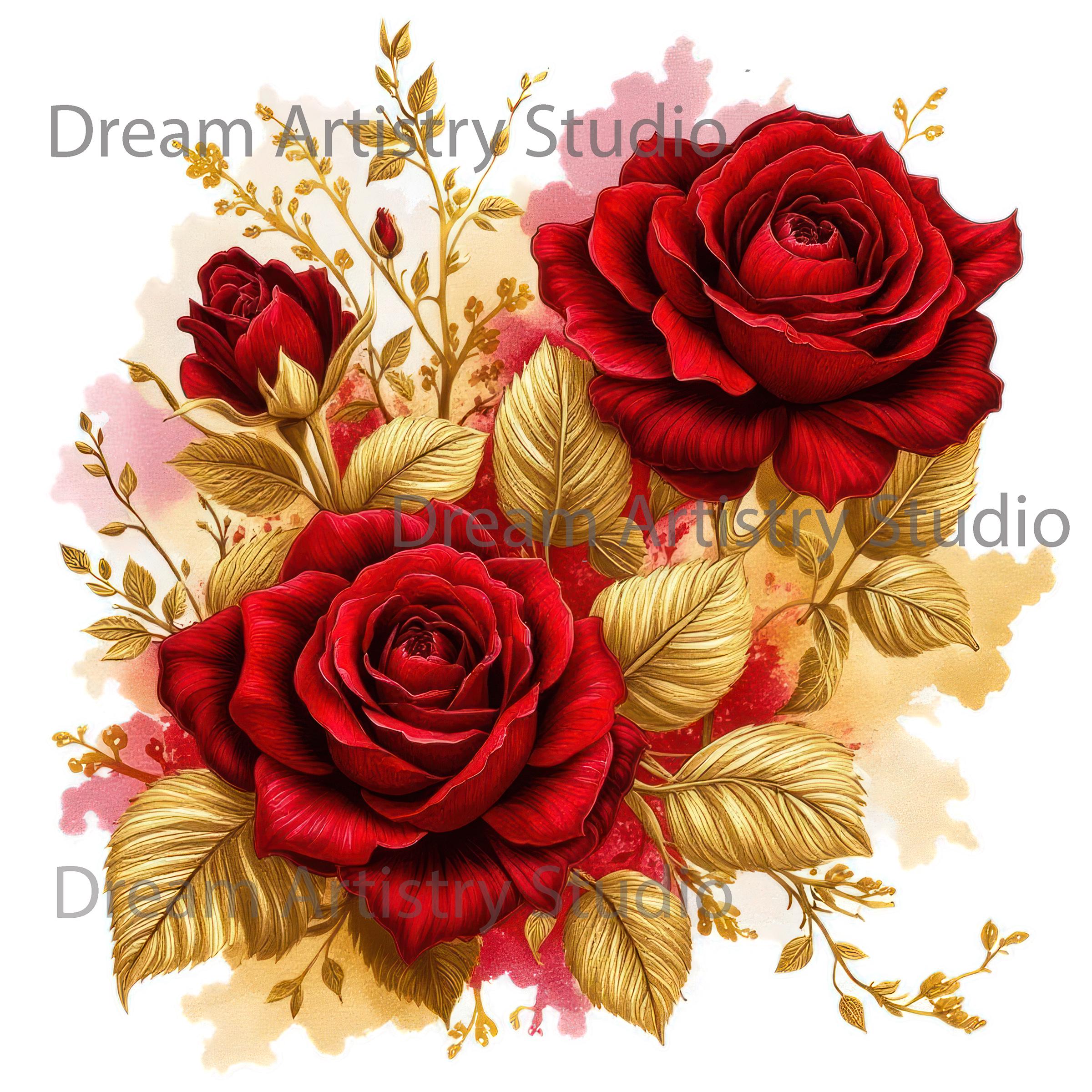 7 Red Gold Roses Flowers Png, Roses Watercolor Clipart, Commercial Use ...