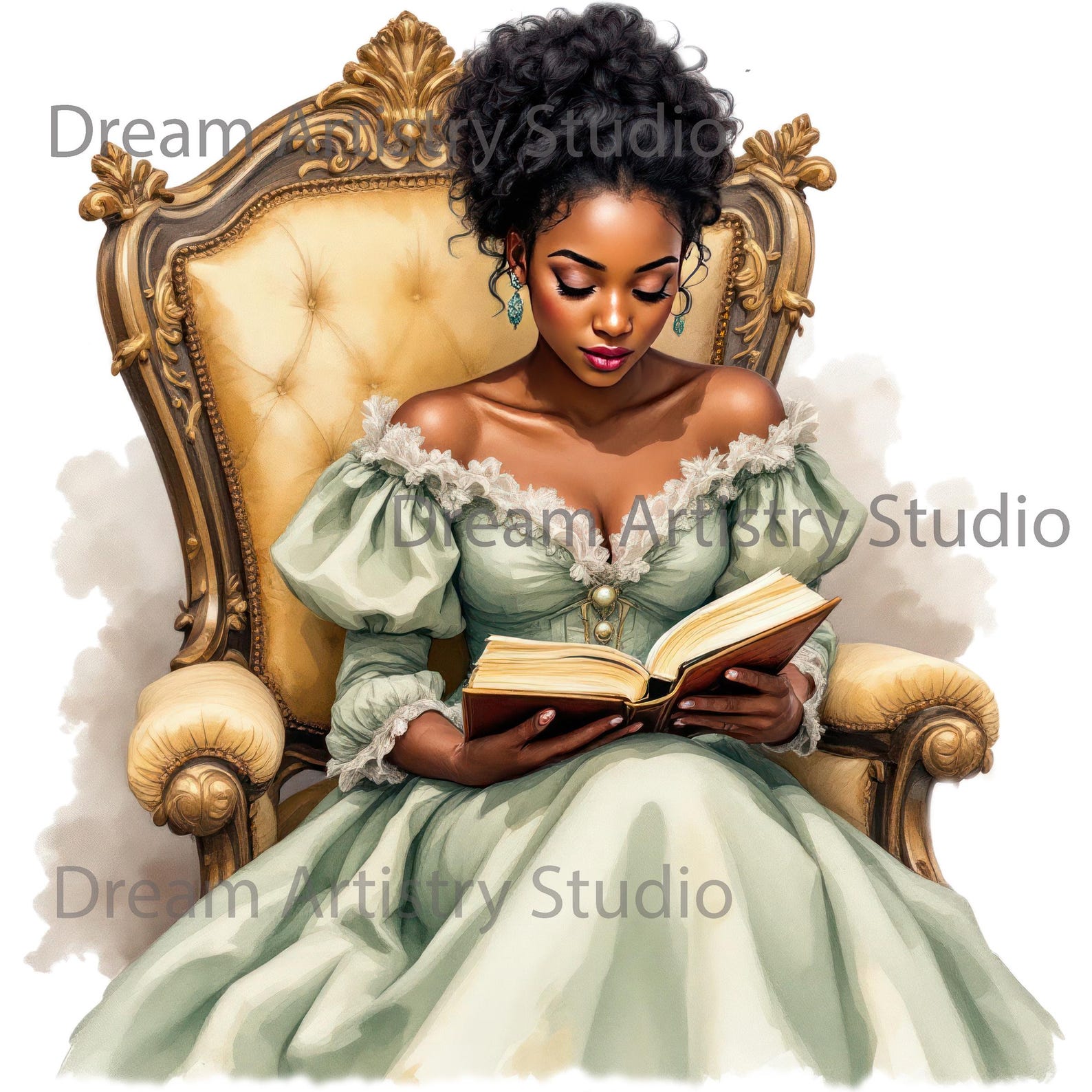 Watercolor Vintage Style Black Girl Reading Clip Art, Book Png, Reading ...