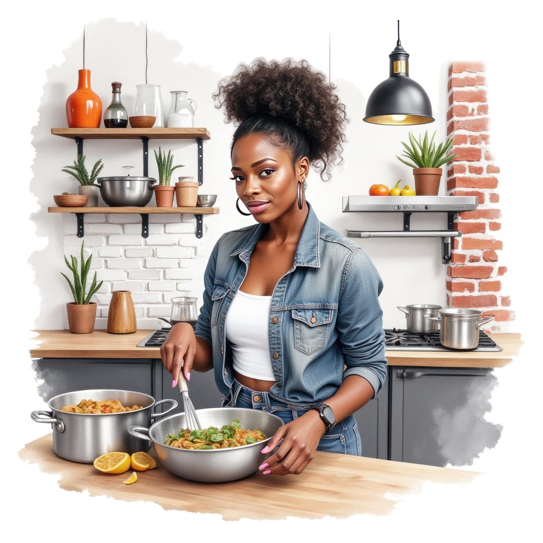 7 Watercolor Black Woman Cooking Clipart, Afro American Mom Cooking ...