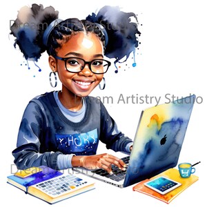 7 Watercolor Black Girl Student Clip Art, Work From Laptop Png ...