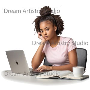 7 Watercolor Black Girl Student Clip Art, Work From Laptop Png ...